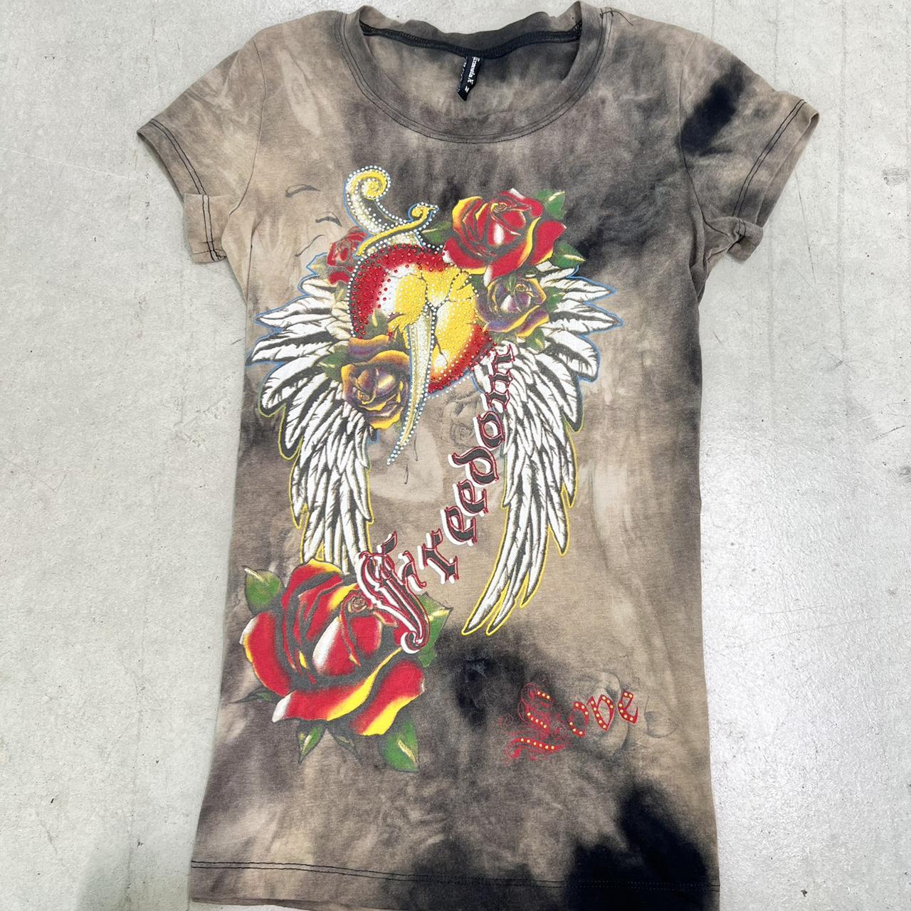 y2k 00s rhinestone angel wing shirt 🖤 size M no... - Depop