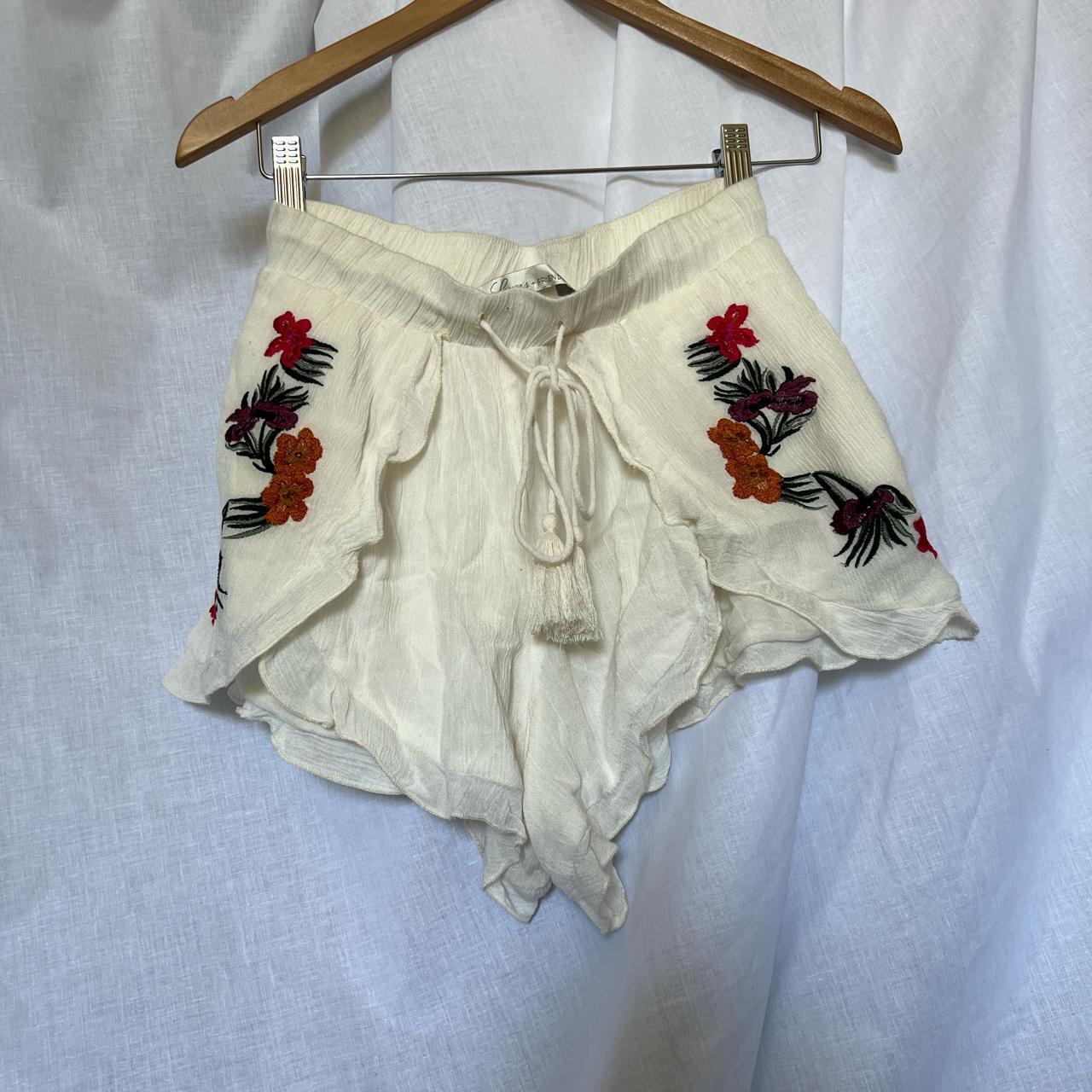 Lovers and Friends cream floral embroidered shorts.... - Depop