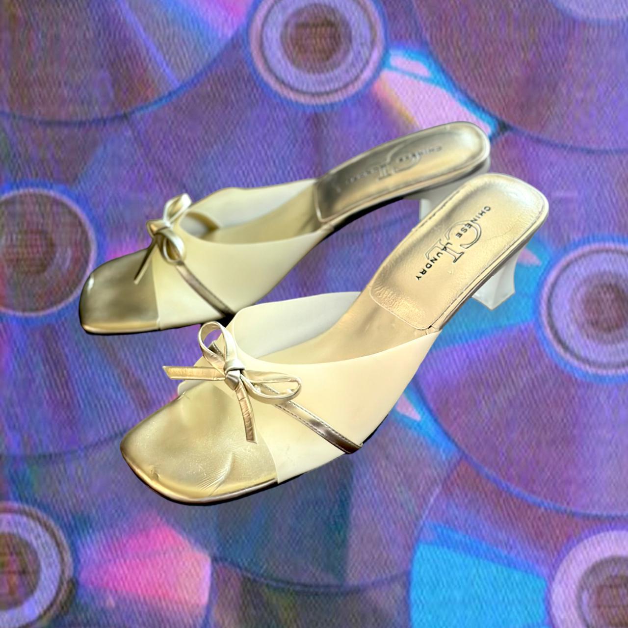 Vintage Y2K Gold Bow Mini Heels Champagne kitten... - Depop