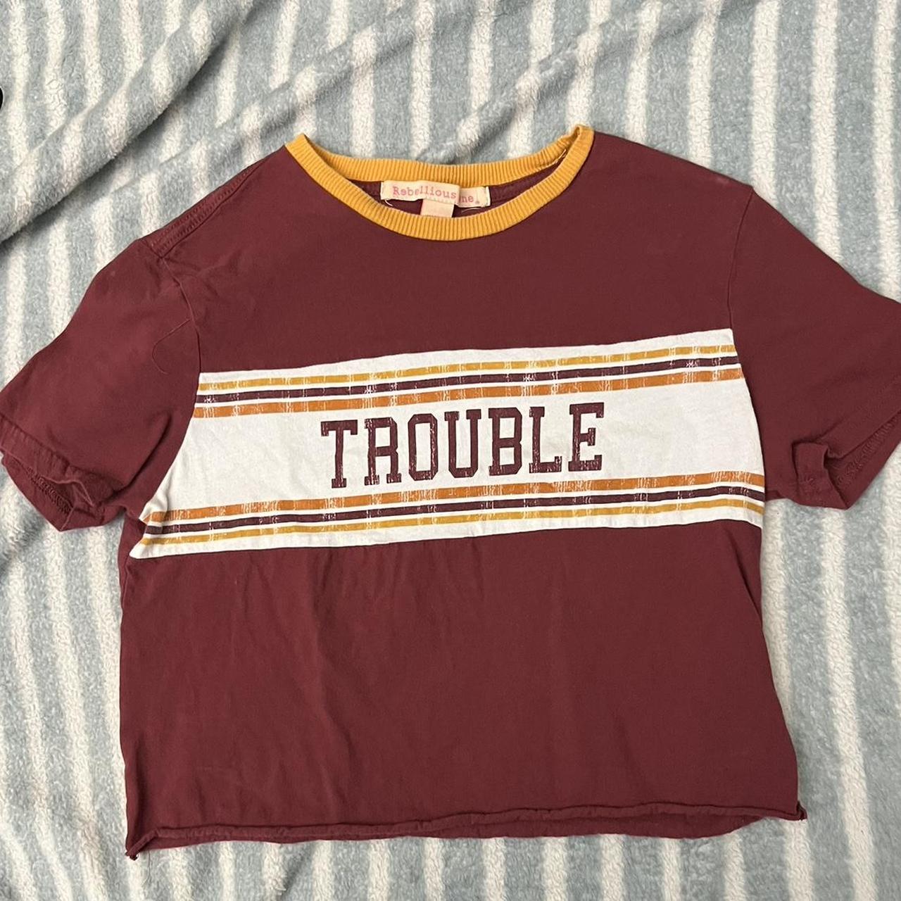Rebellious.One maroon and yellow Trouble cropped... - Depop