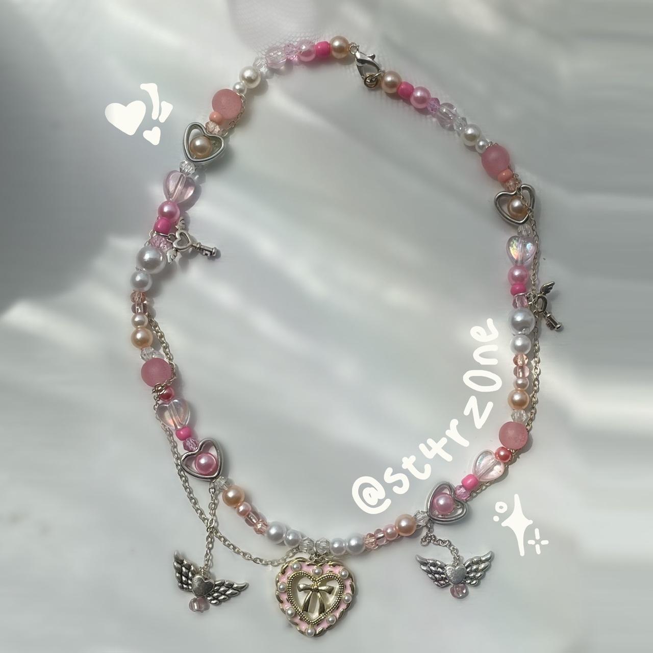 pink necklace ☆ handmade with key chains, hearts,... - Depop