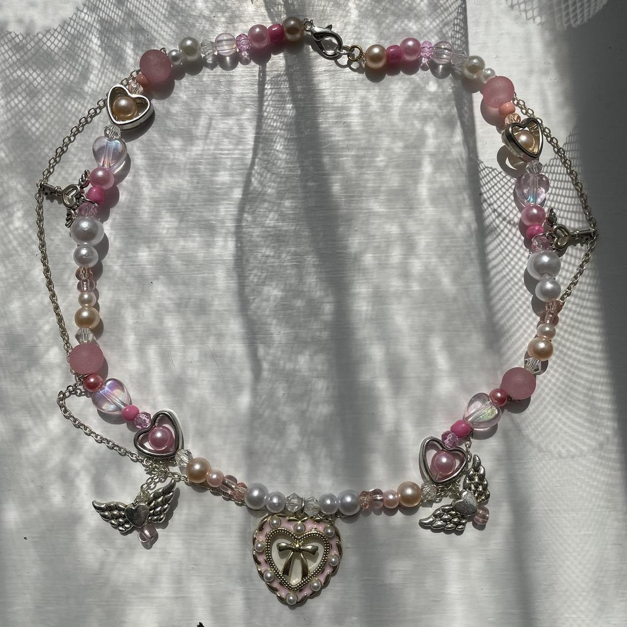 pink necklace ☆ handmade with key chains, hearts,... - Depop