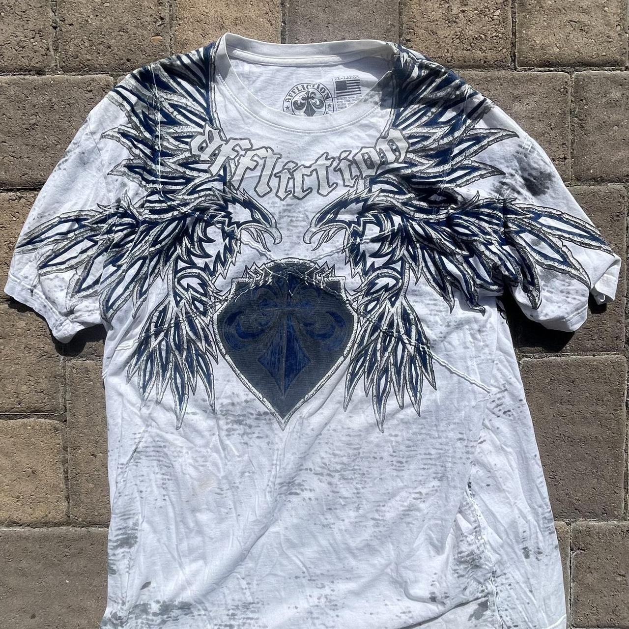 Affliction wrap around print with blue felt in... - Depop