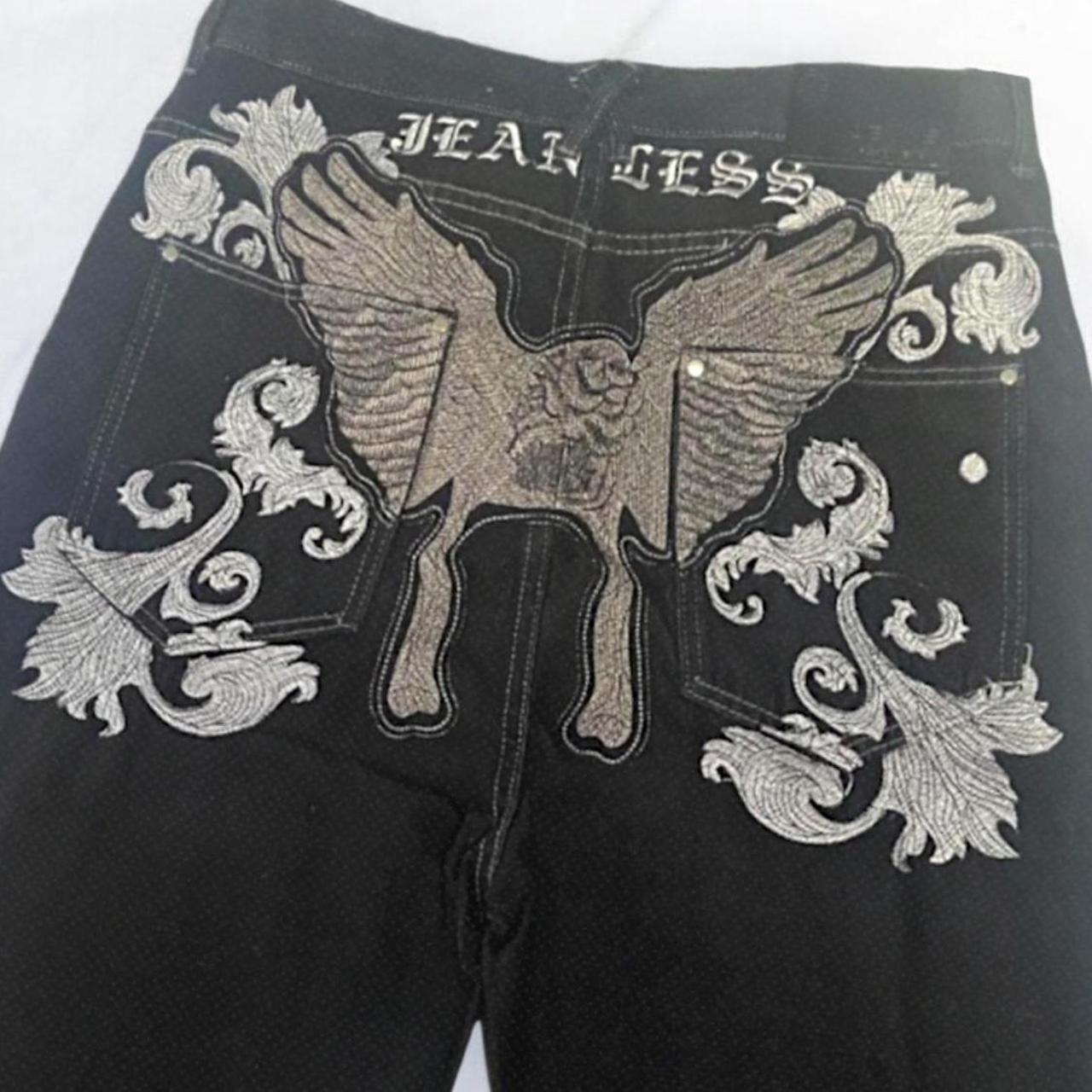 Grunge emo black jeans embroidery baggy fit, wide... - Depop