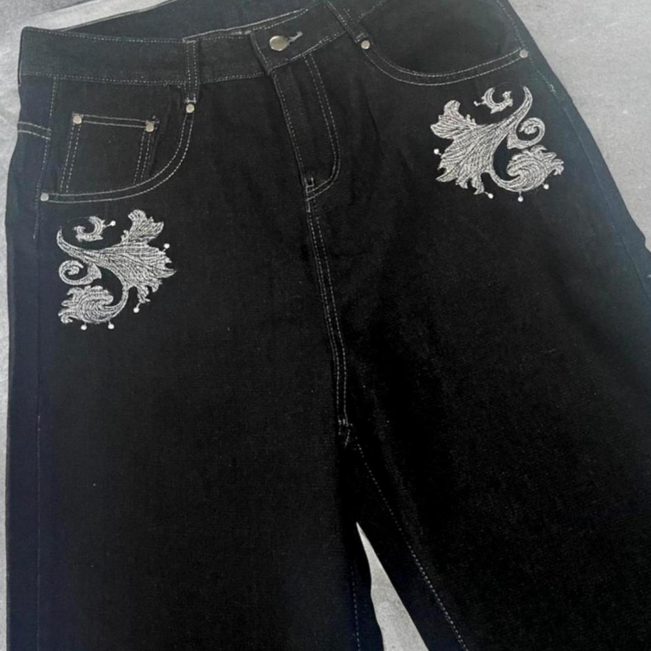 Grunge emo black jeans embroidery baggy fit, wide... - Depop