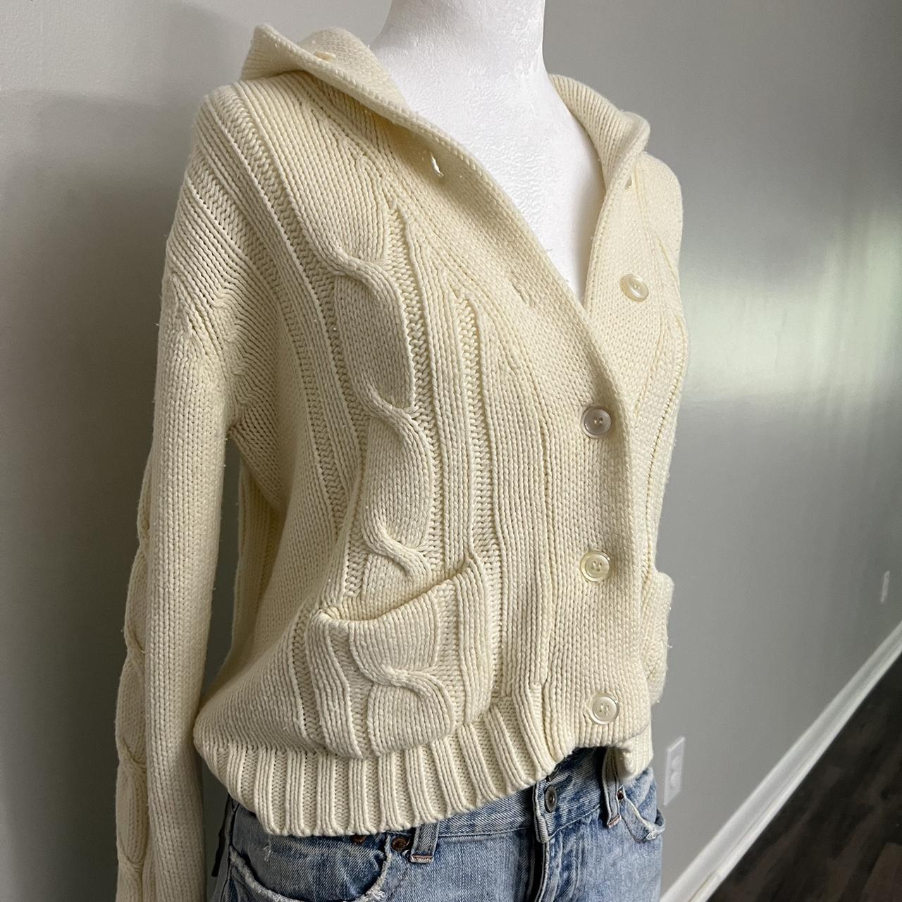 Cream cable knit hooded cardigan with button front... - Depop