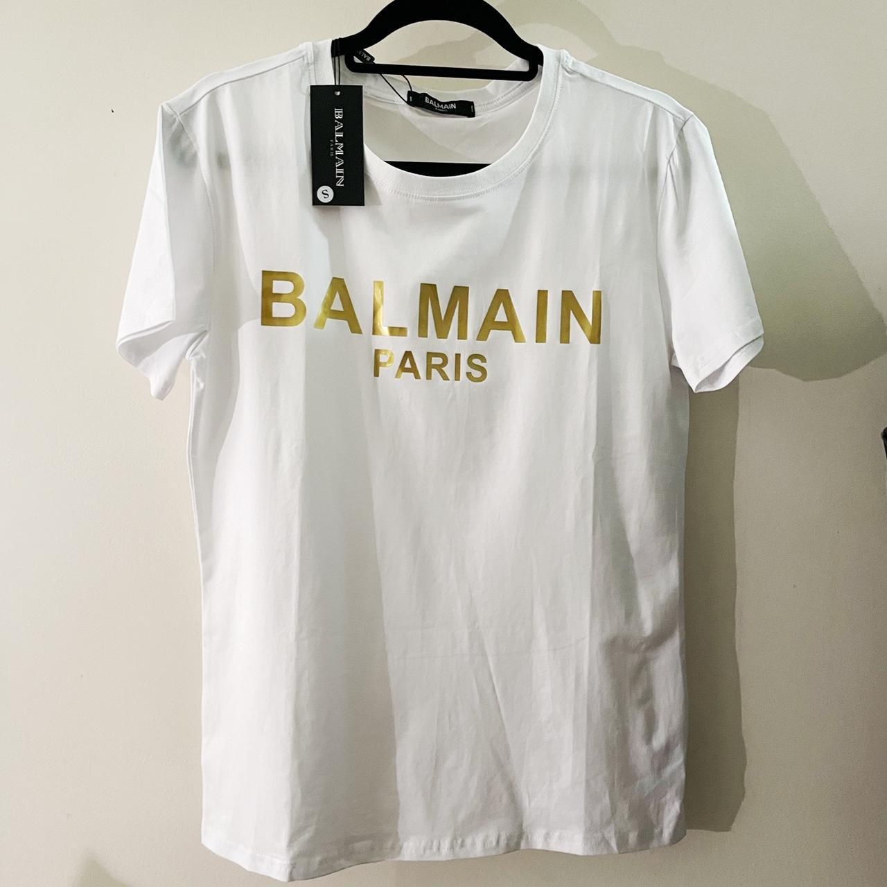Balmain Women's White and Gold T-shirt | Depop