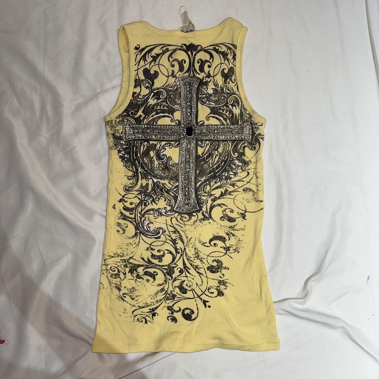 Yellow tank top with cross and floral design - Depop