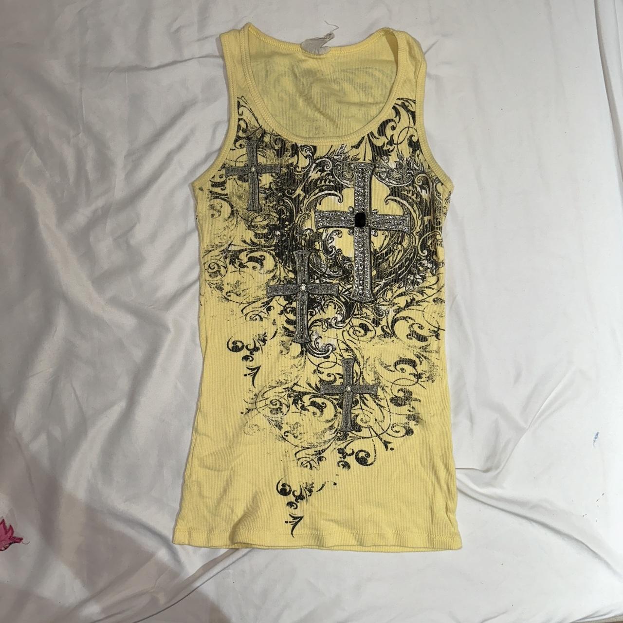 Yellow tank top with cross and floral design - Depop