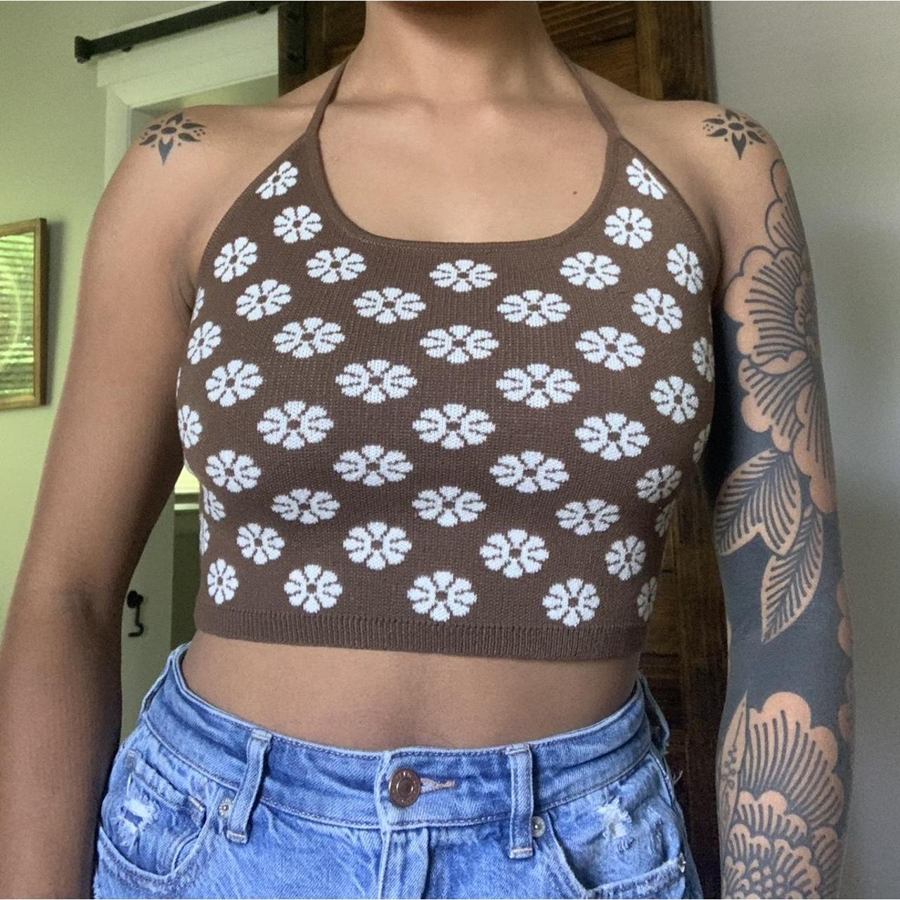 Groovy Floral Ornamental Halter Top Knit... - Depop