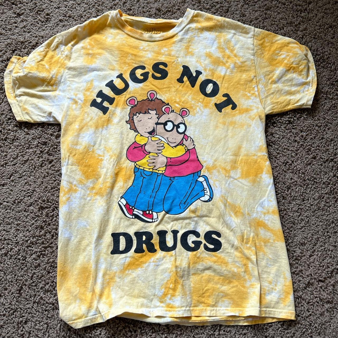 yellow tie dye “hugs not drugs” arthur shirt bought... - Depop