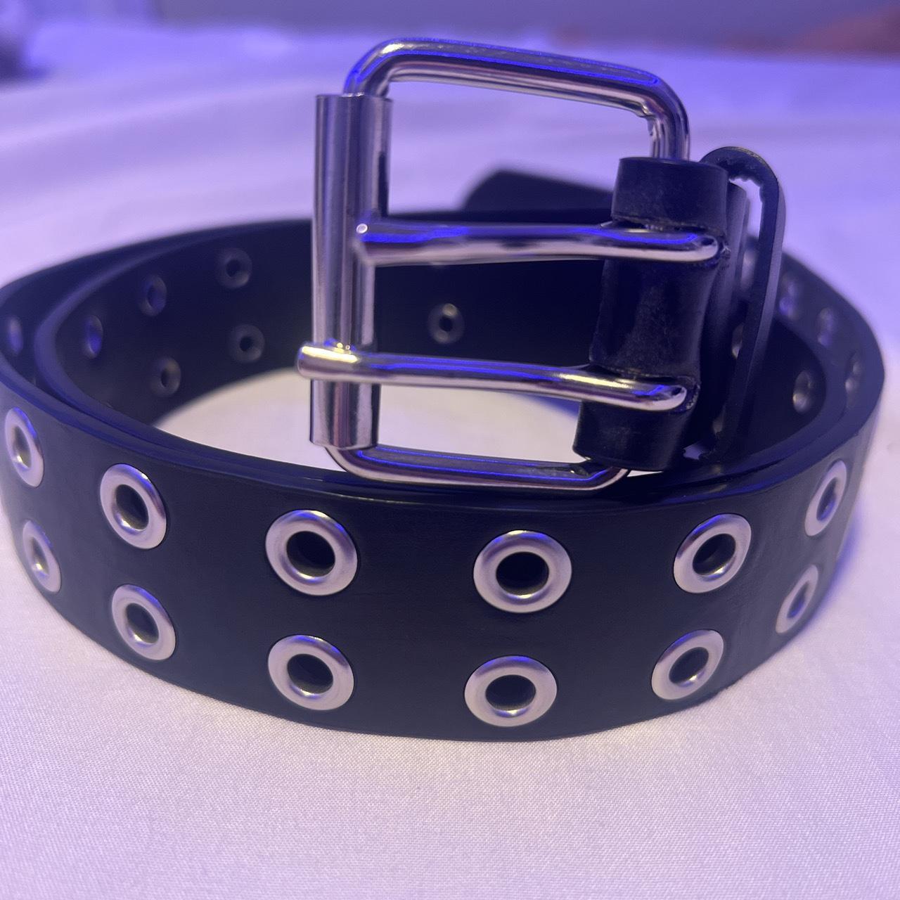 double ring leather belt black and silver - Depop