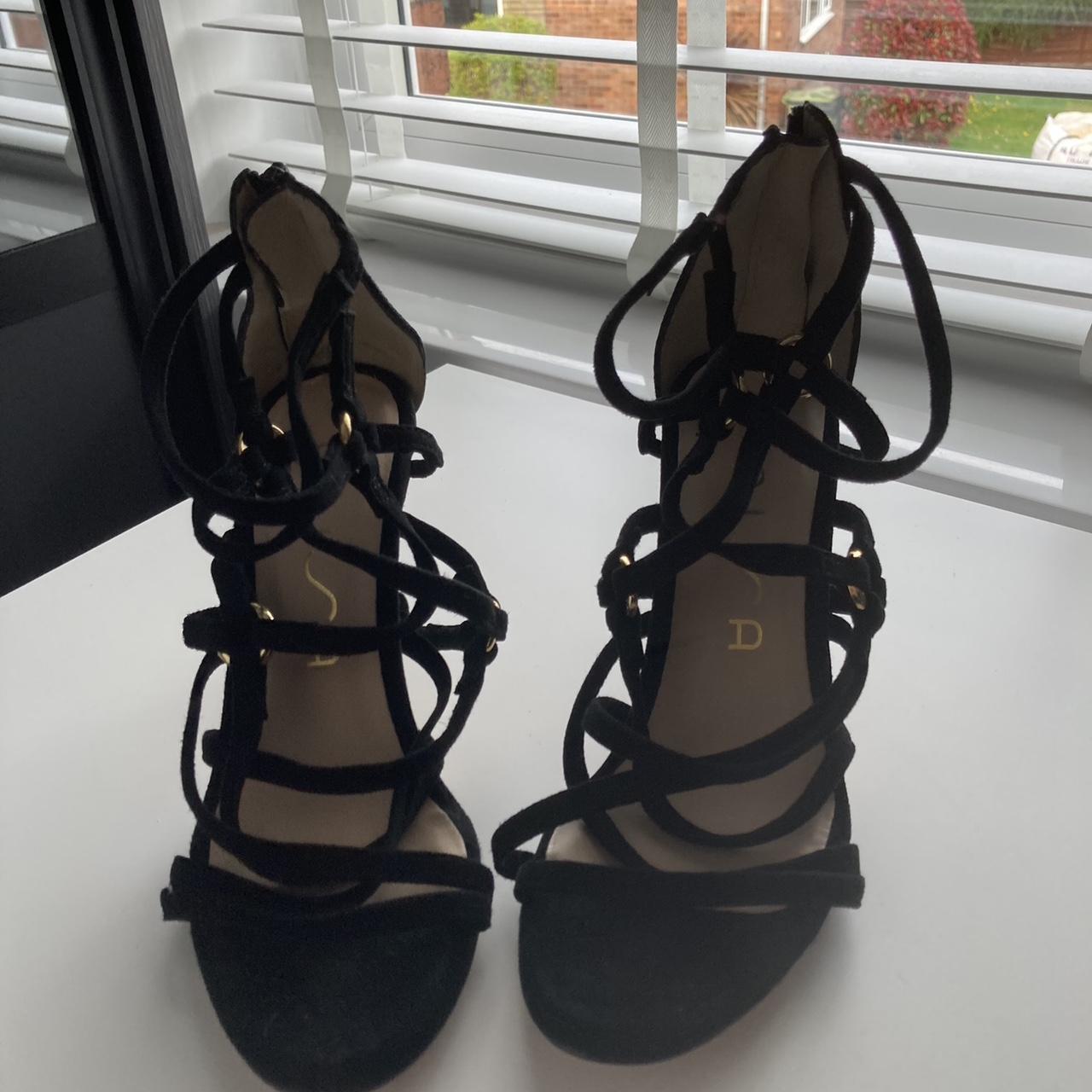 Black suede strappy shoes. 3 inch heel. Size 5.... - Depop