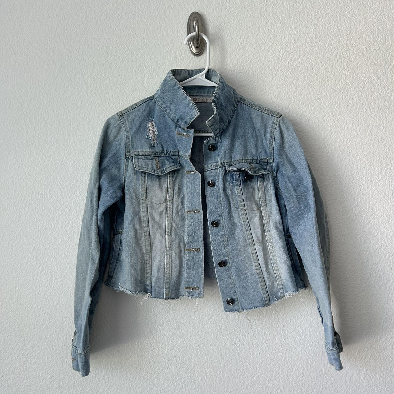distressed jean jacket only worn once! light blue... - Depop