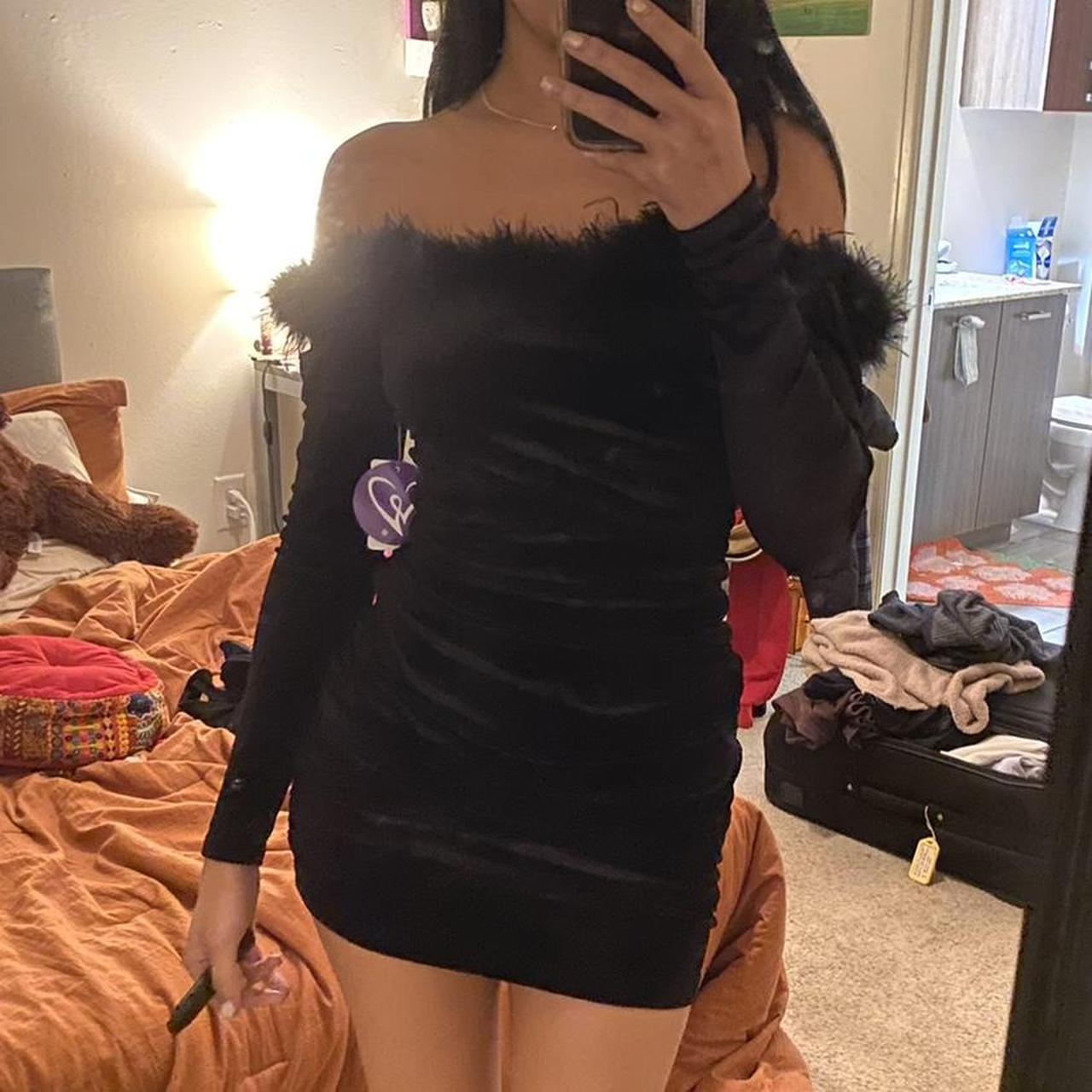 Black off the shoulder velvet dress w feathers from... - Depop