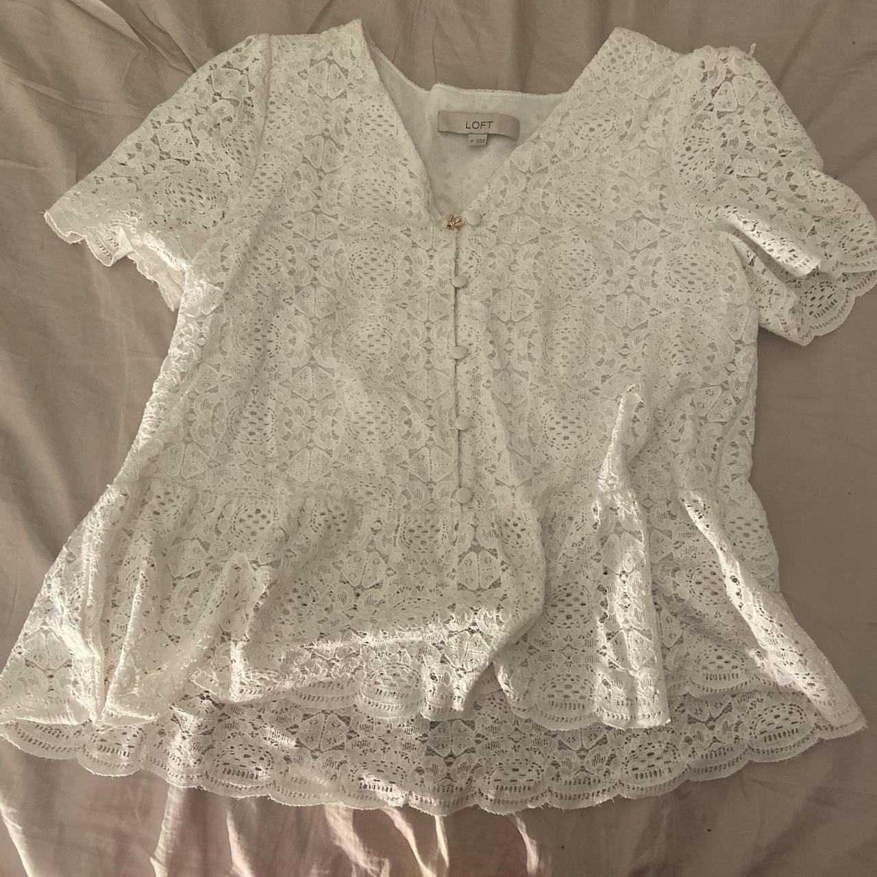 white cottagecore short sleeve bottom up shirt and... - Depop