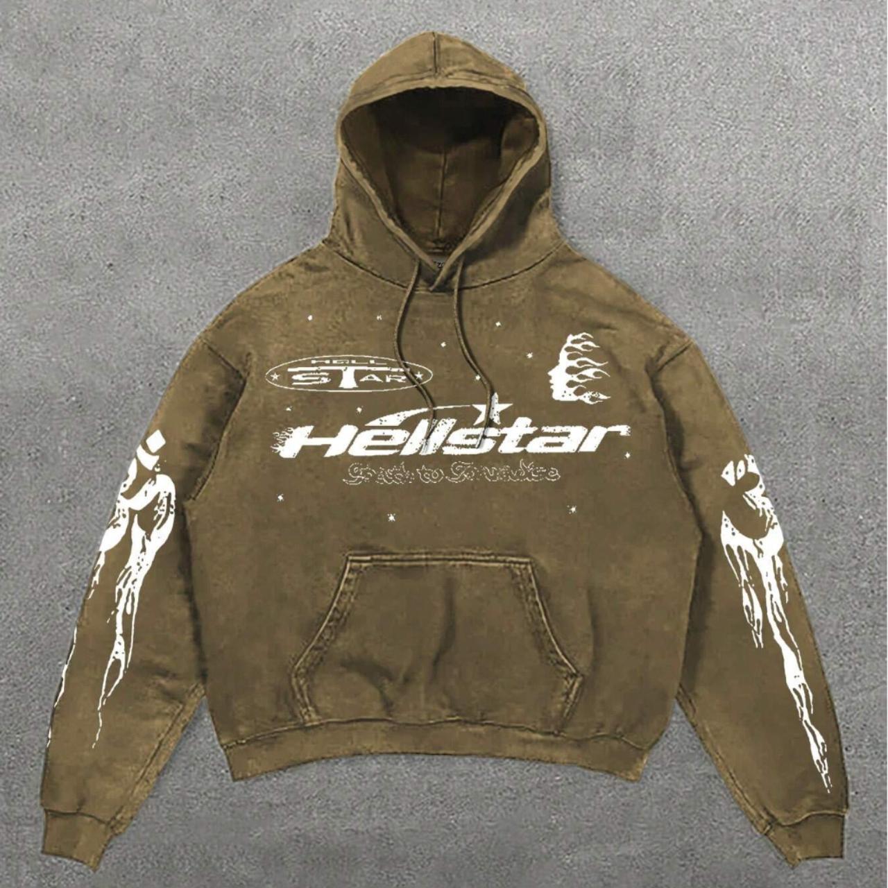 Men's Washed Vintage 'HELLSTAR' Casual Hoodies - Depop