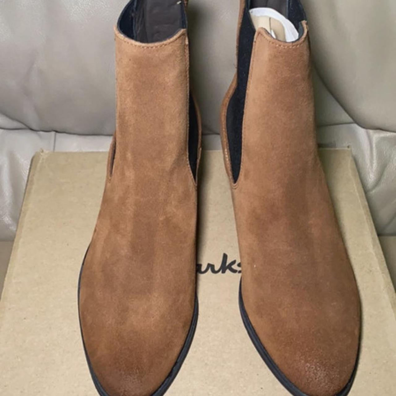 BRAND NEW Clarks brown suede ankle heel boots. - Depop