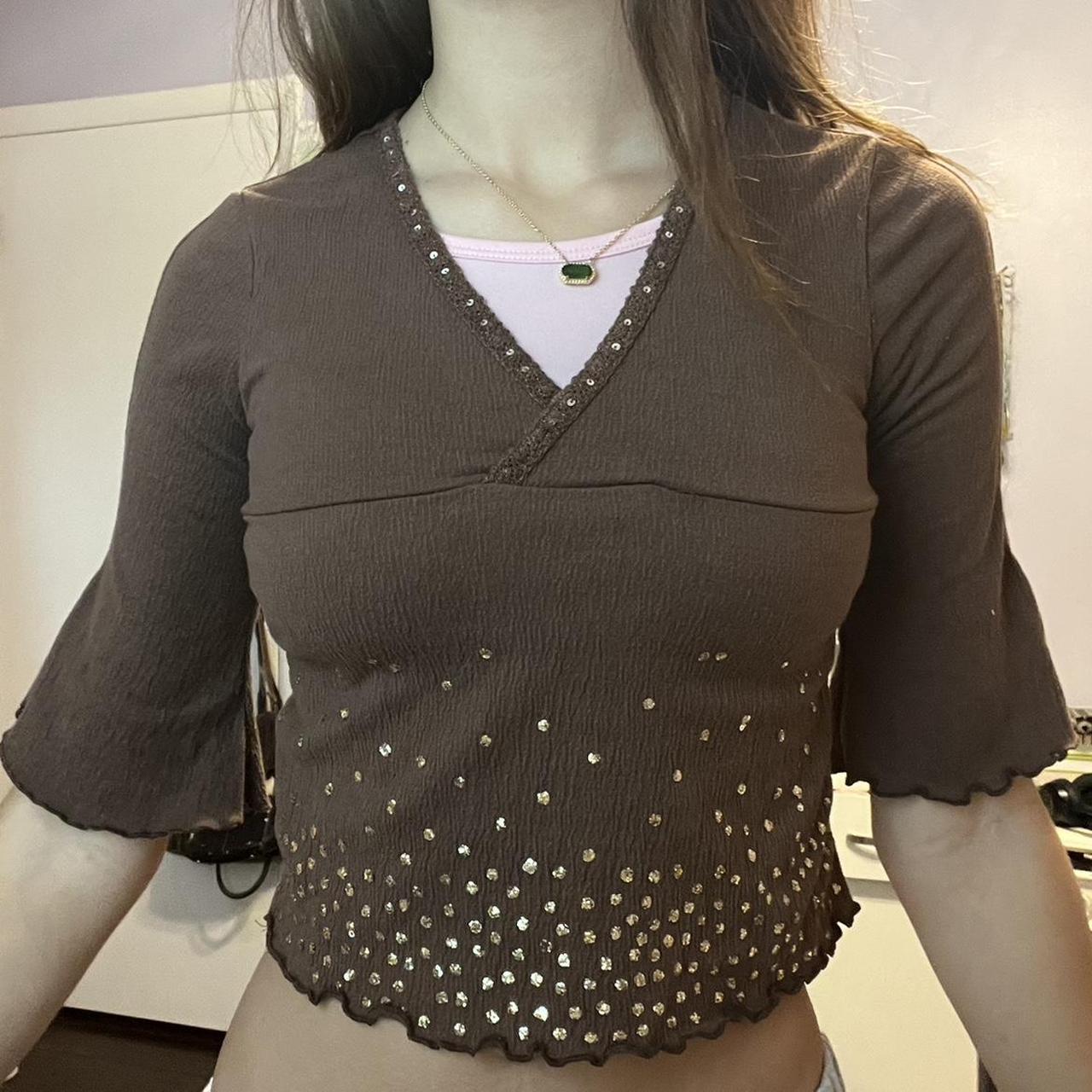 Brown and pink rhinestone top #glam #y2k #2000s | Depop