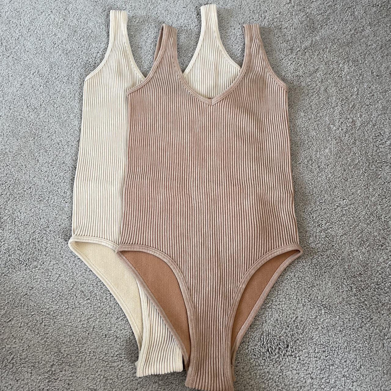 Ribbed Body Suit Size M/L cream and tan body... - Depop