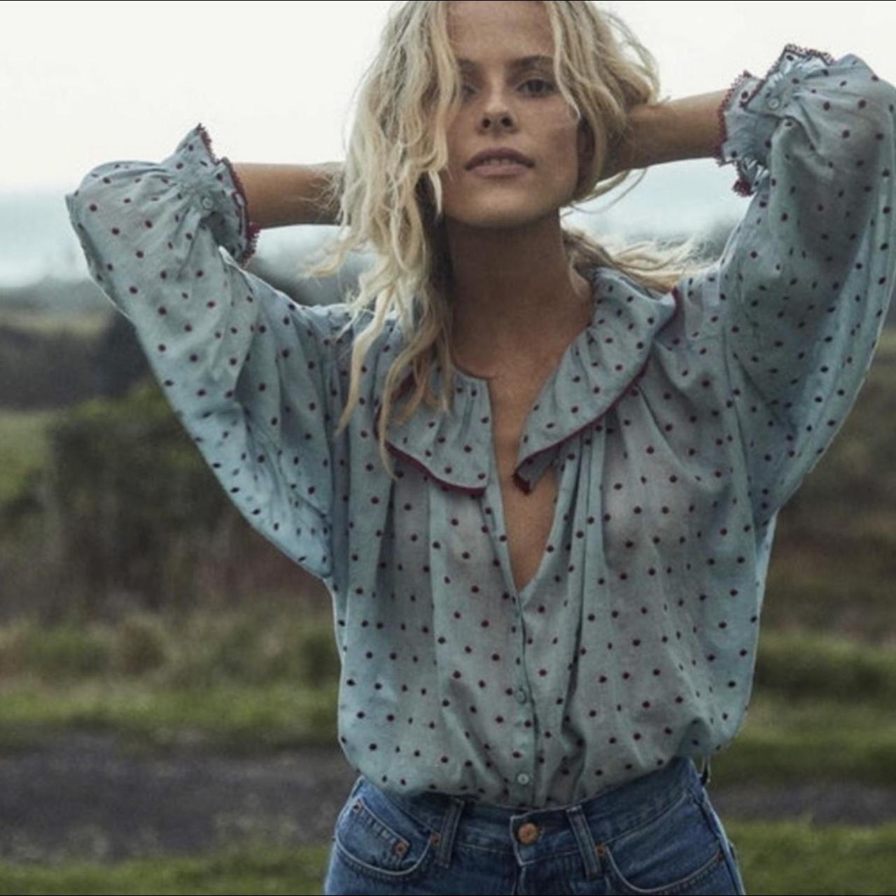 DOEN jemma top i'm a baby blue and burgundy swiss... - Depop