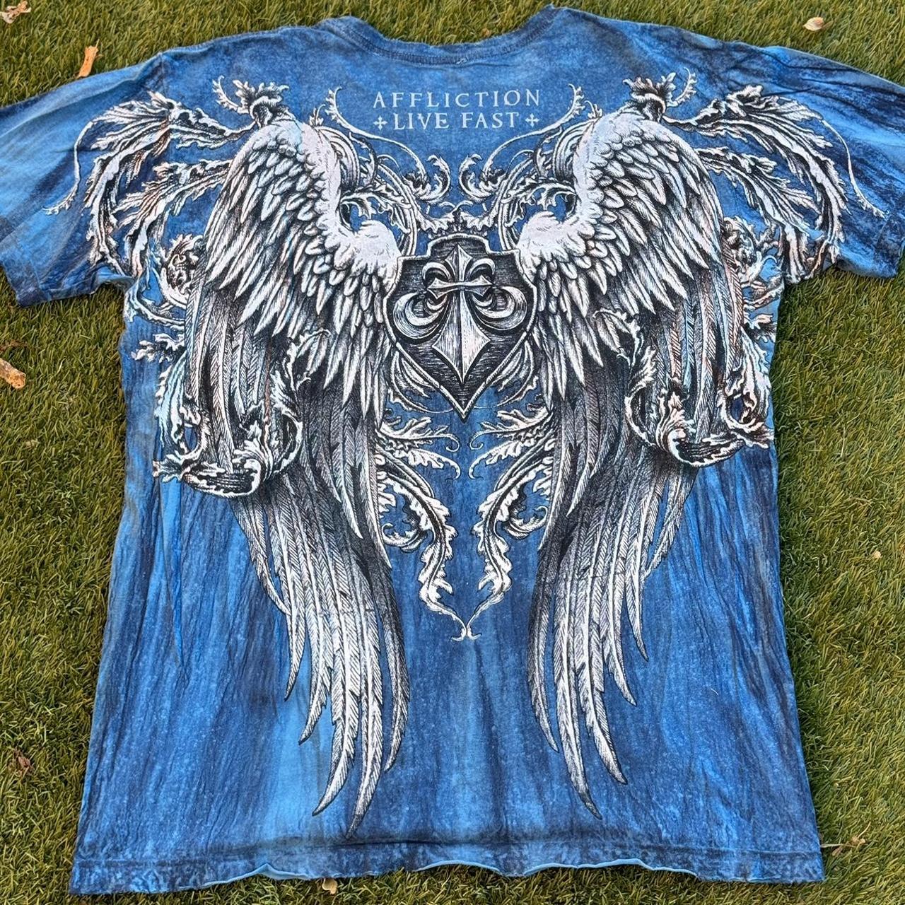 y2k affliction shirt with crazy wing design size... - Depop