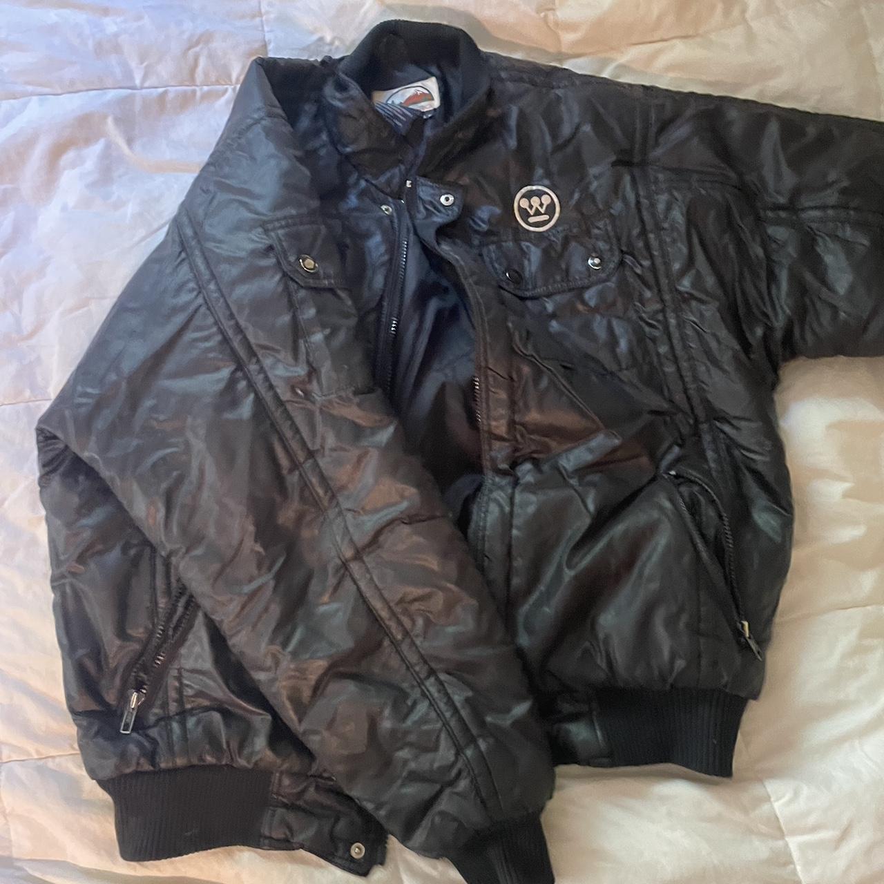 vintage leather jacket with Wii symbol embroidered - Depop
