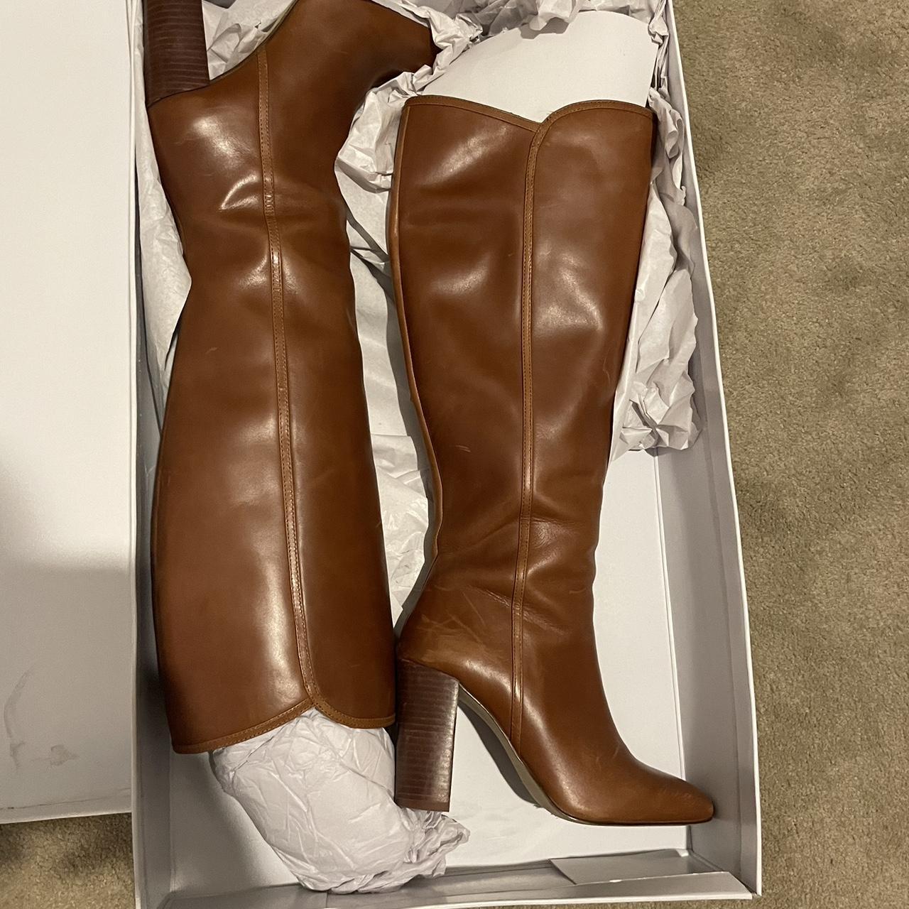 Knee high leather tan boots. Size 36. Barely worn - Depop
