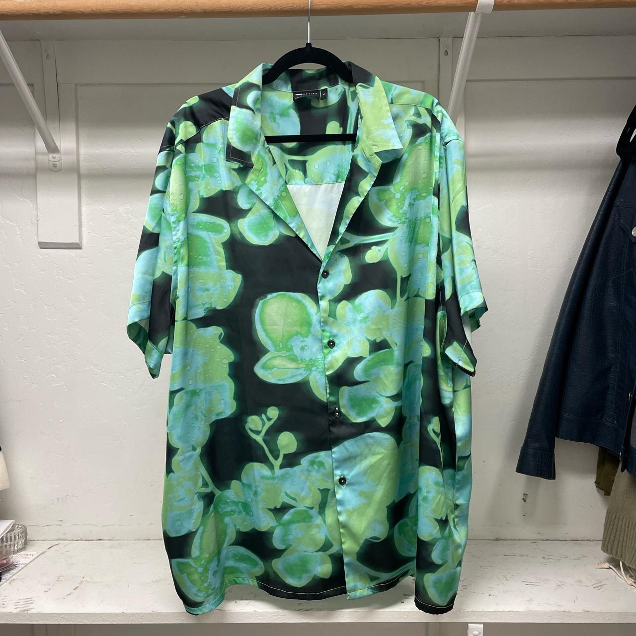Neon green floral button up ASOS. Silky material,... - Depop