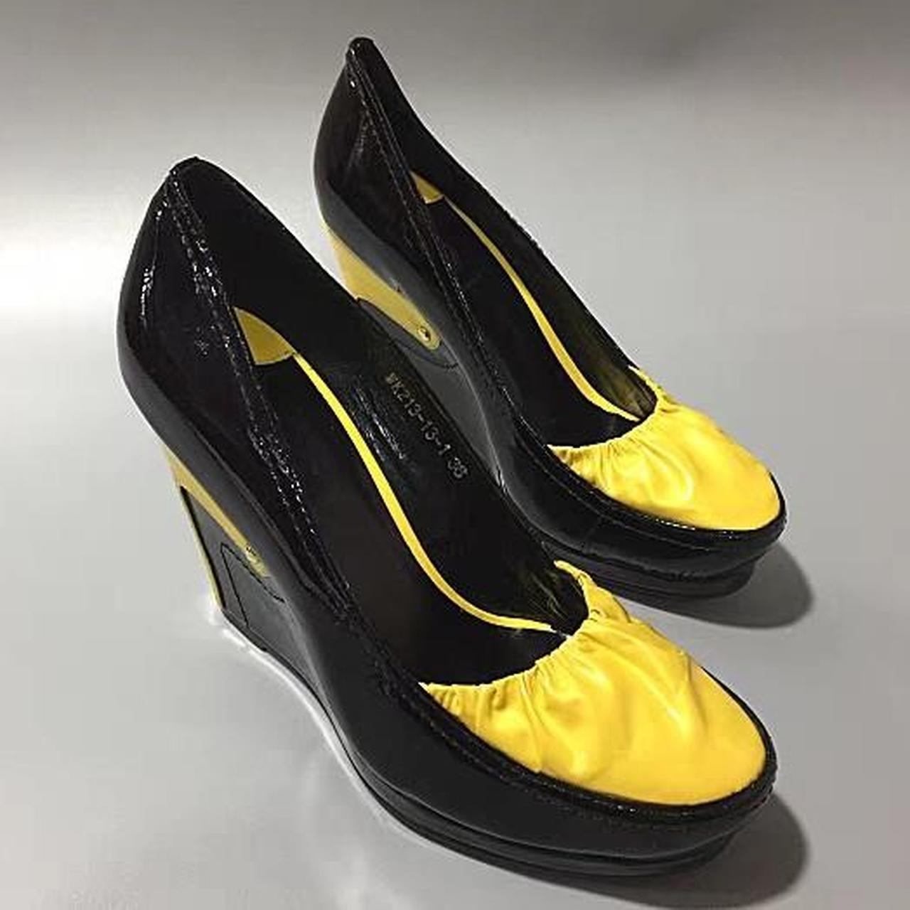 Unique Black and Yellow Wedge Heels Half size... | Depop