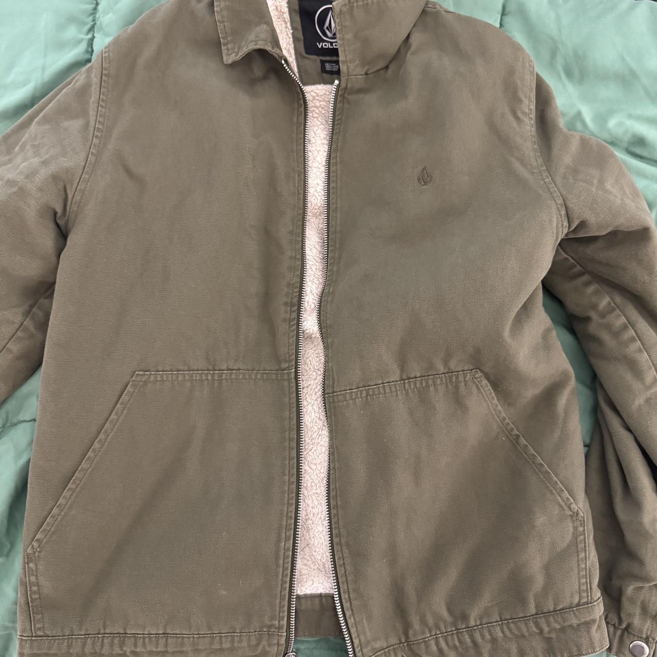 Olive green Volcom zip up fleece jacket - Depop