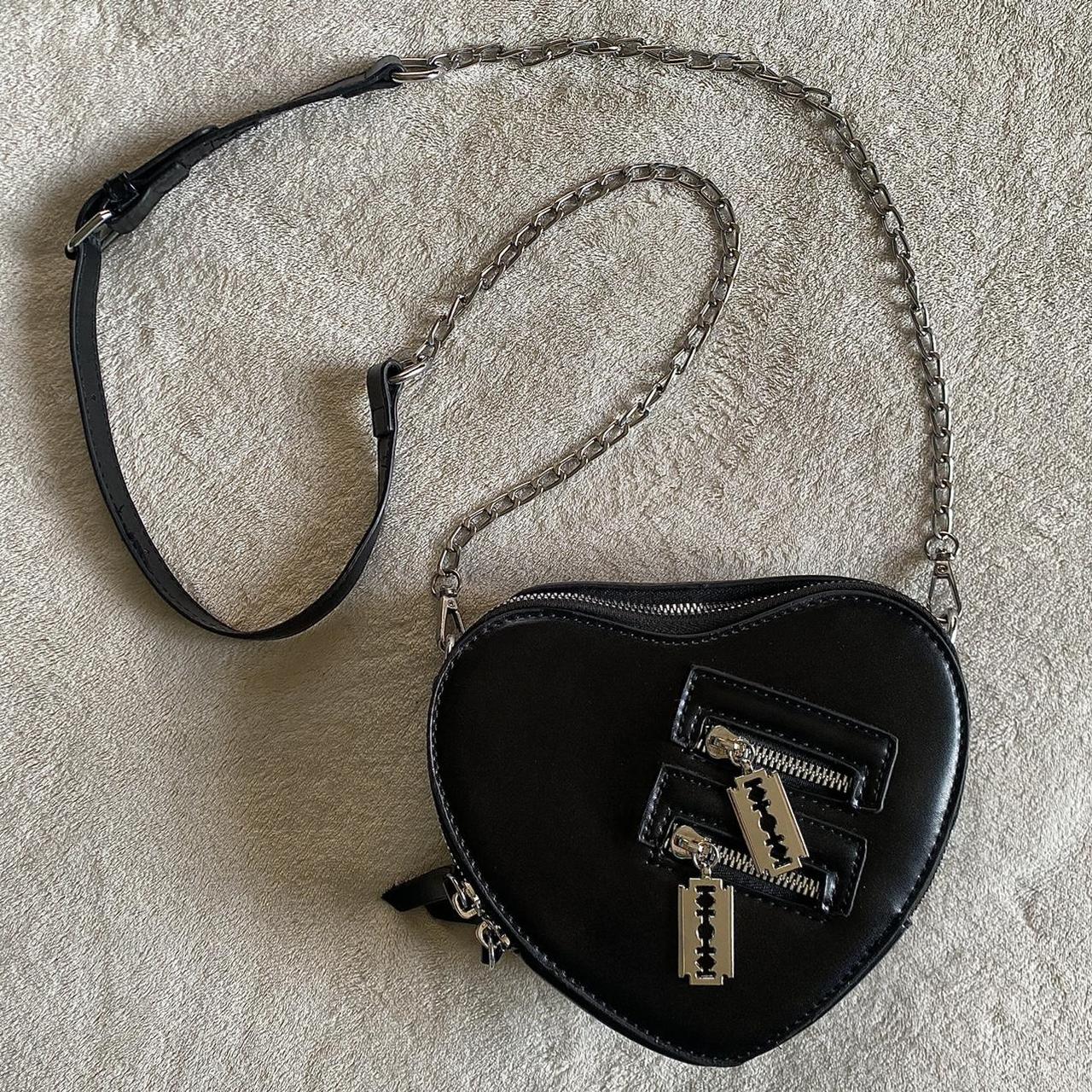 black razor zip heart purse, chain strap #gothpurse... - Depop