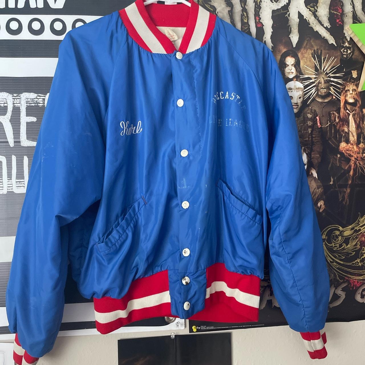 Vintage blue, red, and white varsity jacket -many... - Depop