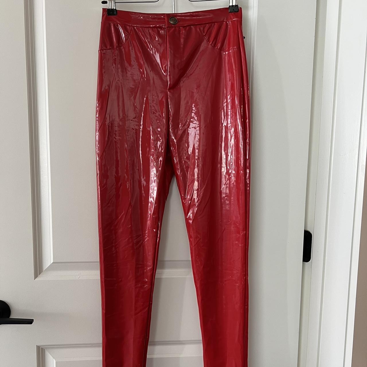 Fashion Nova red vinyl pants only worn once thin... - Depop