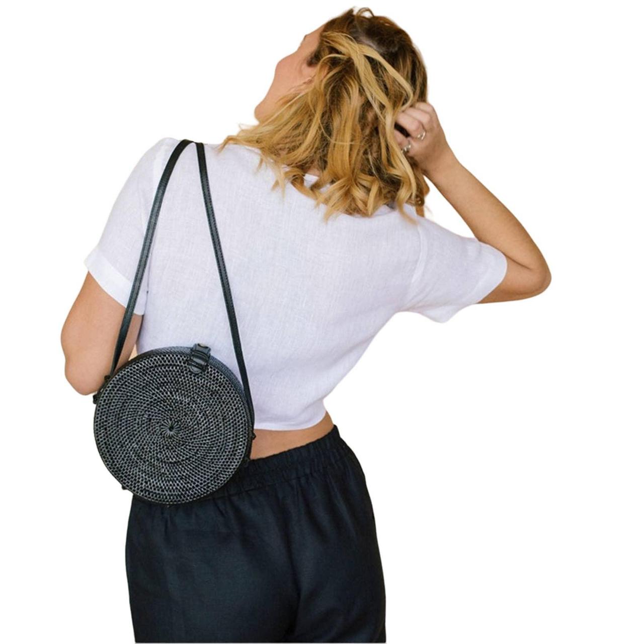 Handmade Round Black Rattan Crossbody Purse Leather... - Depop