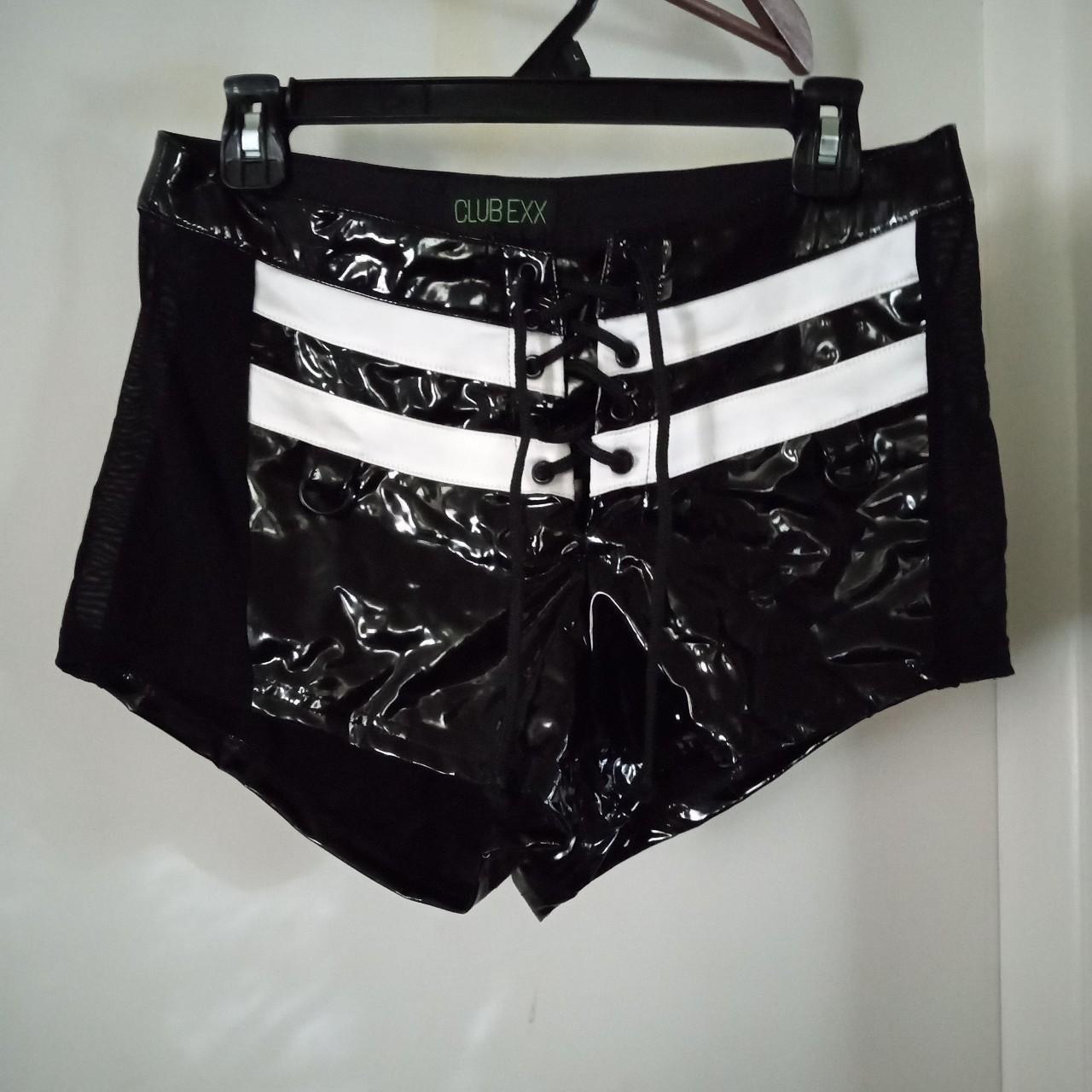 Black vinyl shorts. Mesh sides - Depop