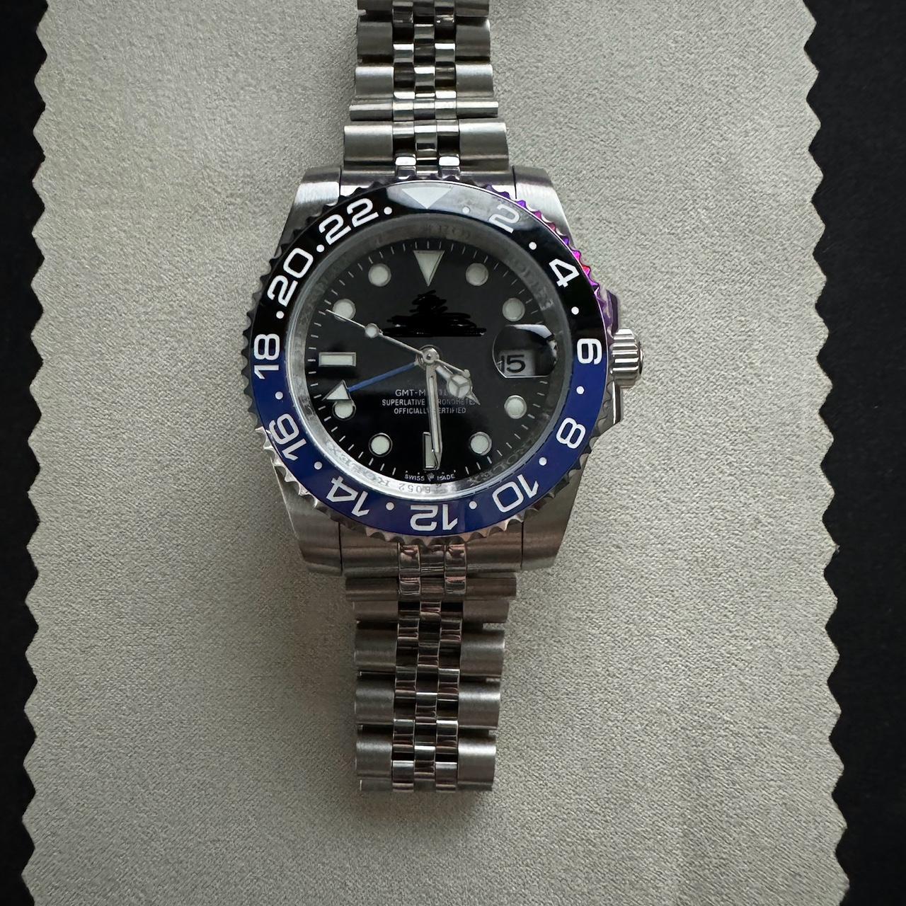 men’s luxury watch black and blue gmt watch comes... - Depop