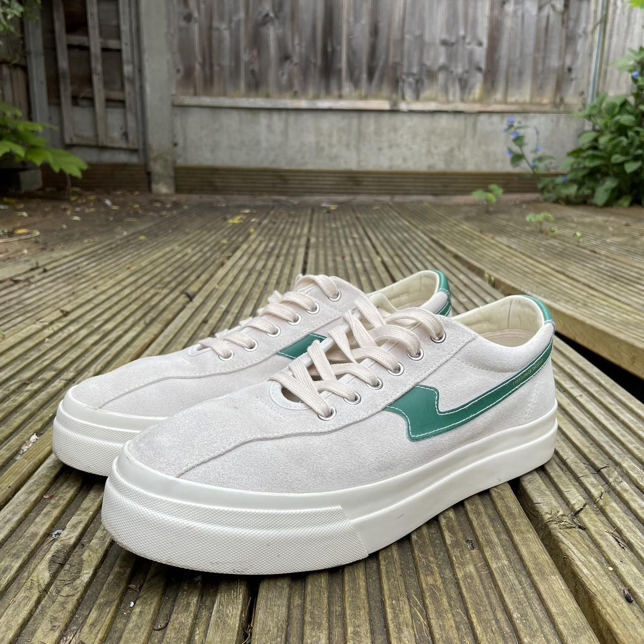 Stepney Workers Club cream and green suede trainers,... - Depop