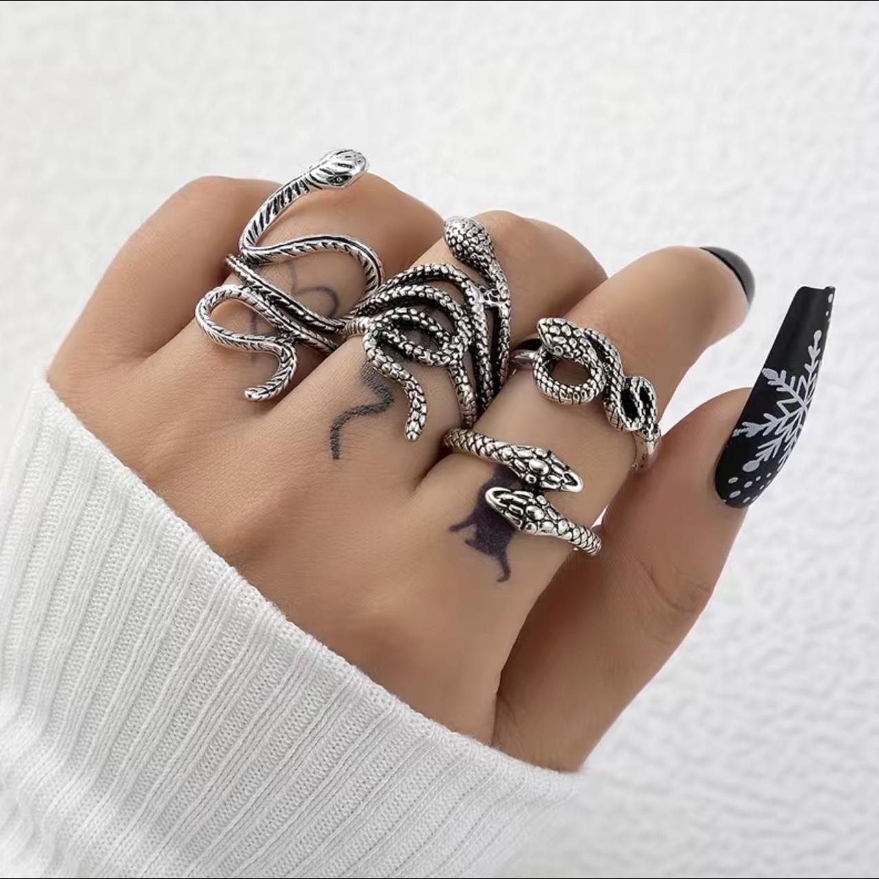 Set of 4 Punk Snake Rings Set of 4 antiqued silver... - Depop