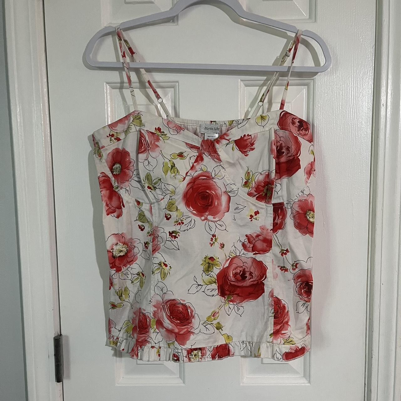 Y2K siren lily rose floral white spaghetti strap top... | Depop