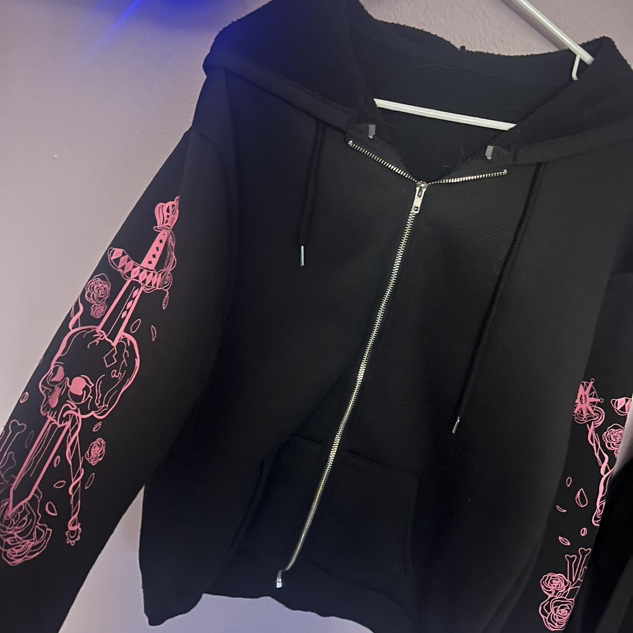 black and pink jacket with sleeve skull... - Depop