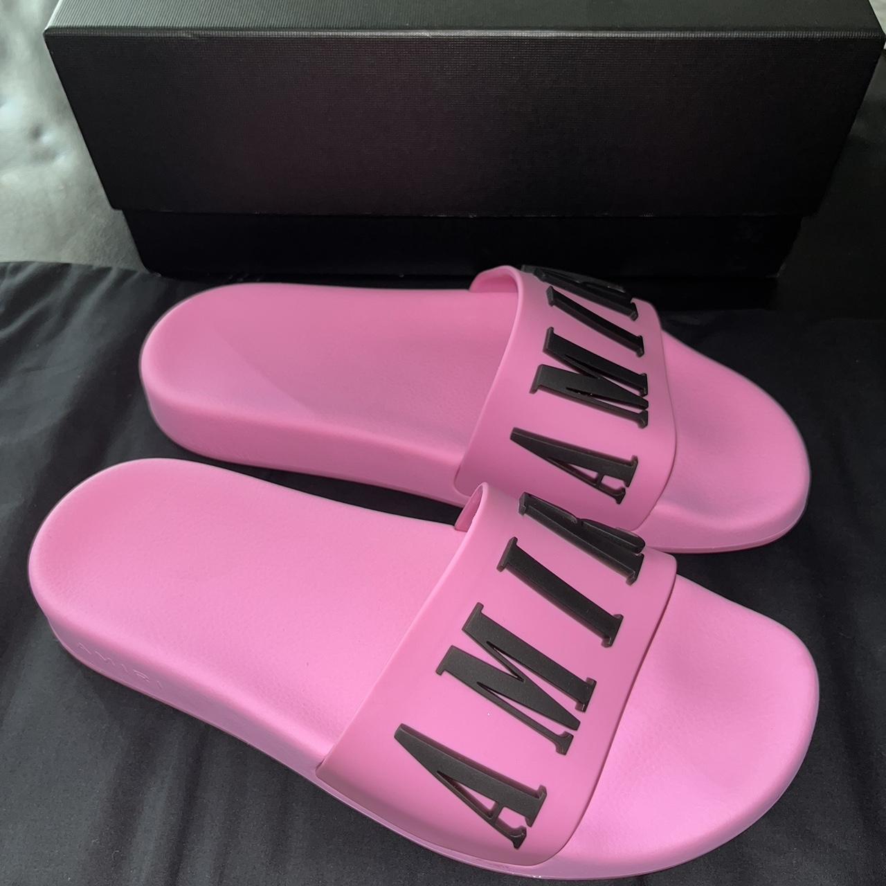 Amiri Pink and Black Logo Pool Slides #amiri #pink... - Depop