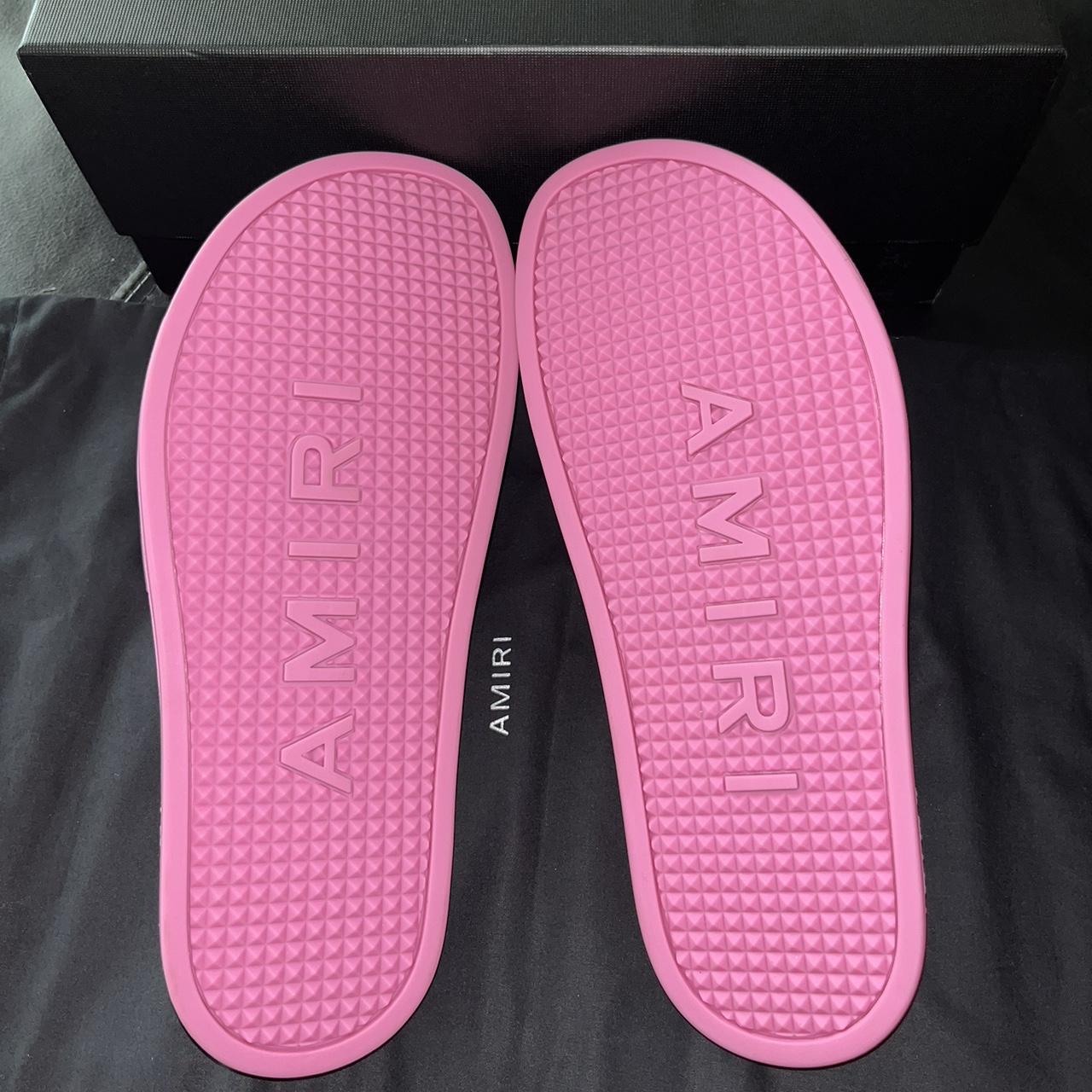 Amiri Pink and Black Logo Pool Slides #amiri #pink... - Depop