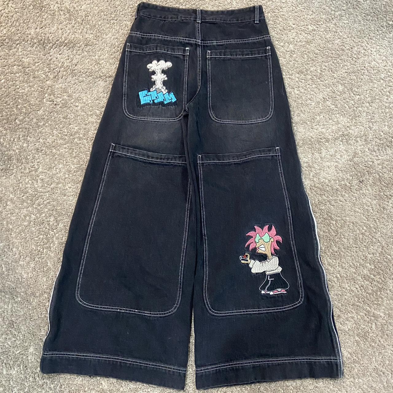 rave pants Jnco like baggy embroidered wideleg jeans... | Depop