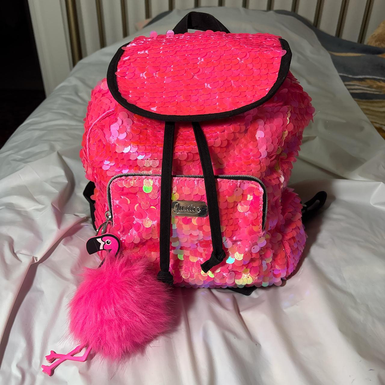 Justice Pink sequin mini backpack w/ flamingo keychain - Depop