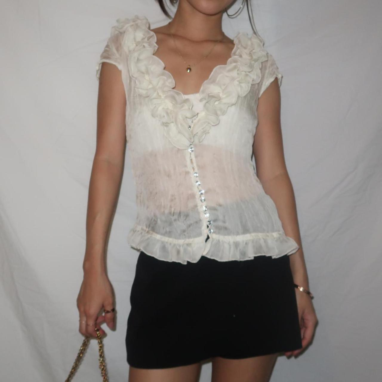90's ruffled sheer blouse 🐾 low v-neckline white... - Depop