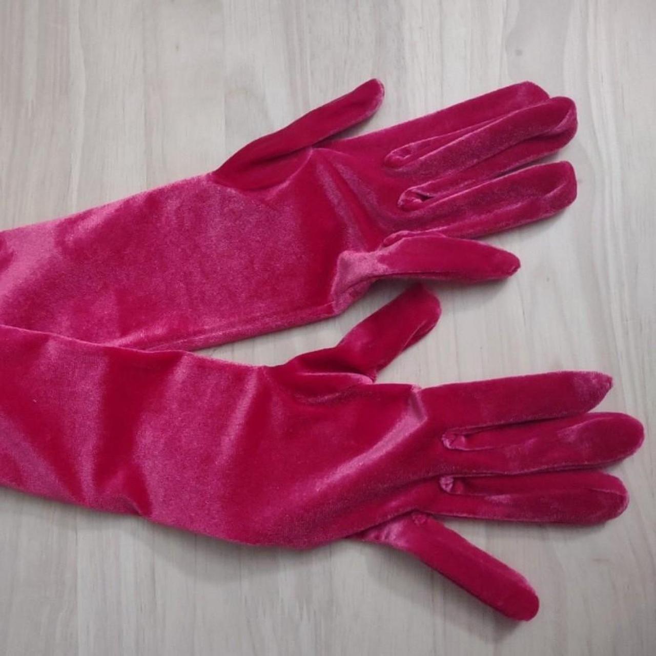 Pink Velvet Velour Shimmer Long Sleeve Gloves Y2K... - Depop