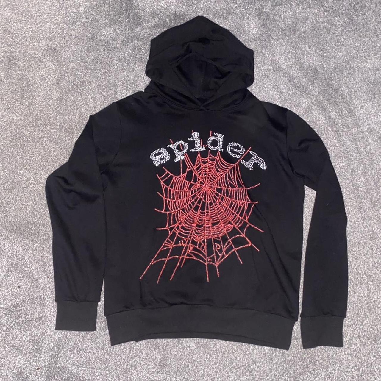 Sp5der black and red rhinestone hoodie size L barley... - Depop