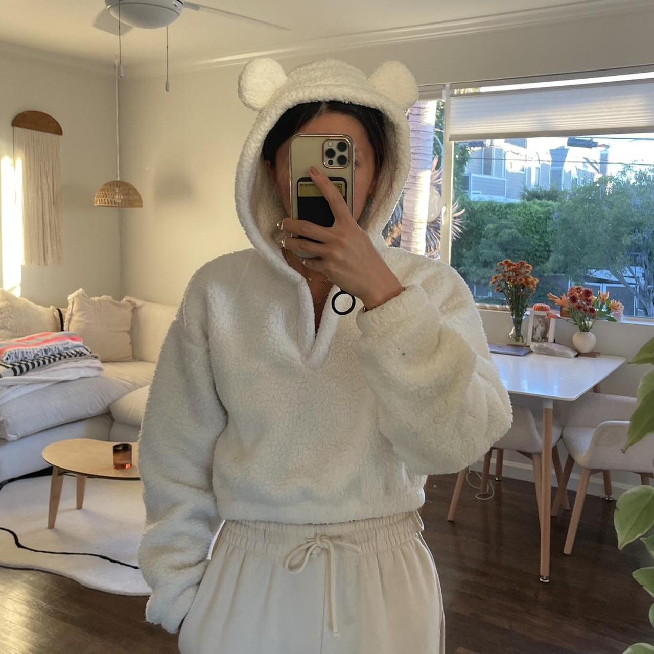 Hollister/Gilly Hicks White cropped teddy hoodie... - Depop