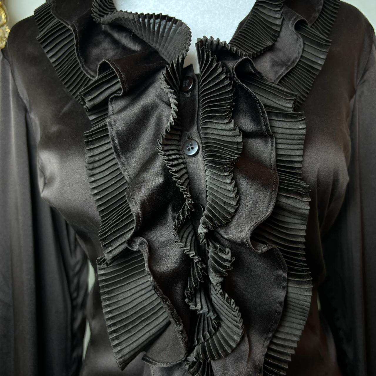 Vintage designer brown satin ruffle blouse size... - Depop